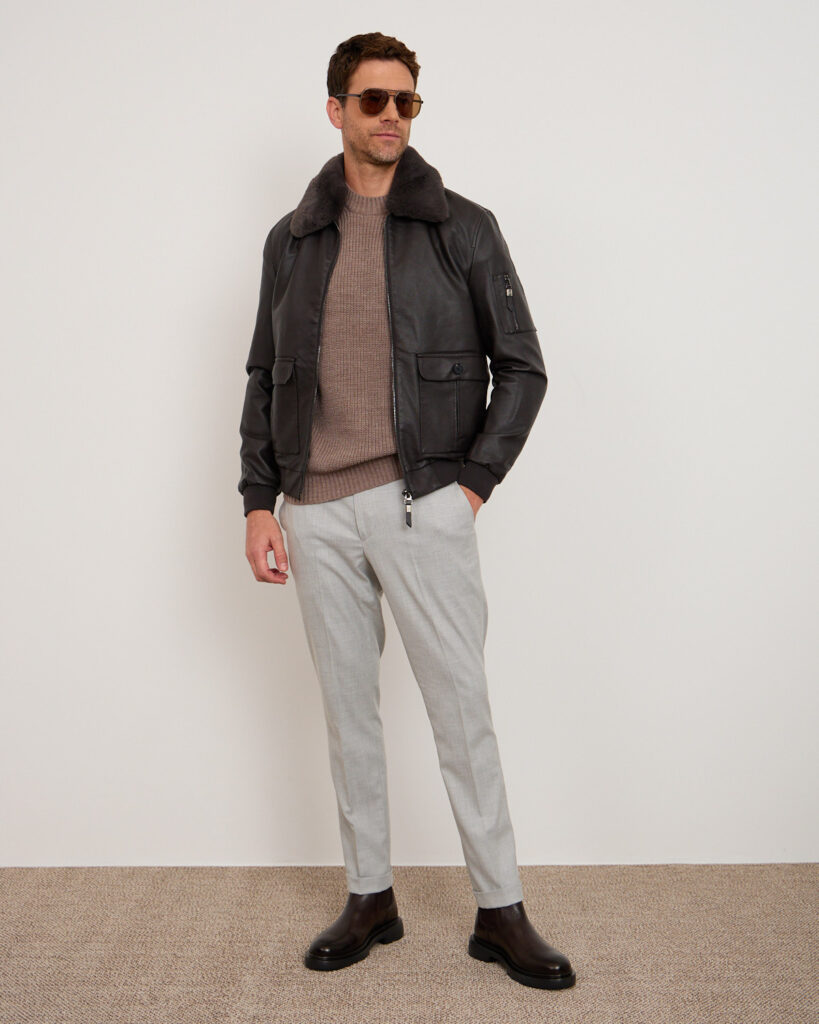 Brown Pilot Fur Neck Leather Jacket